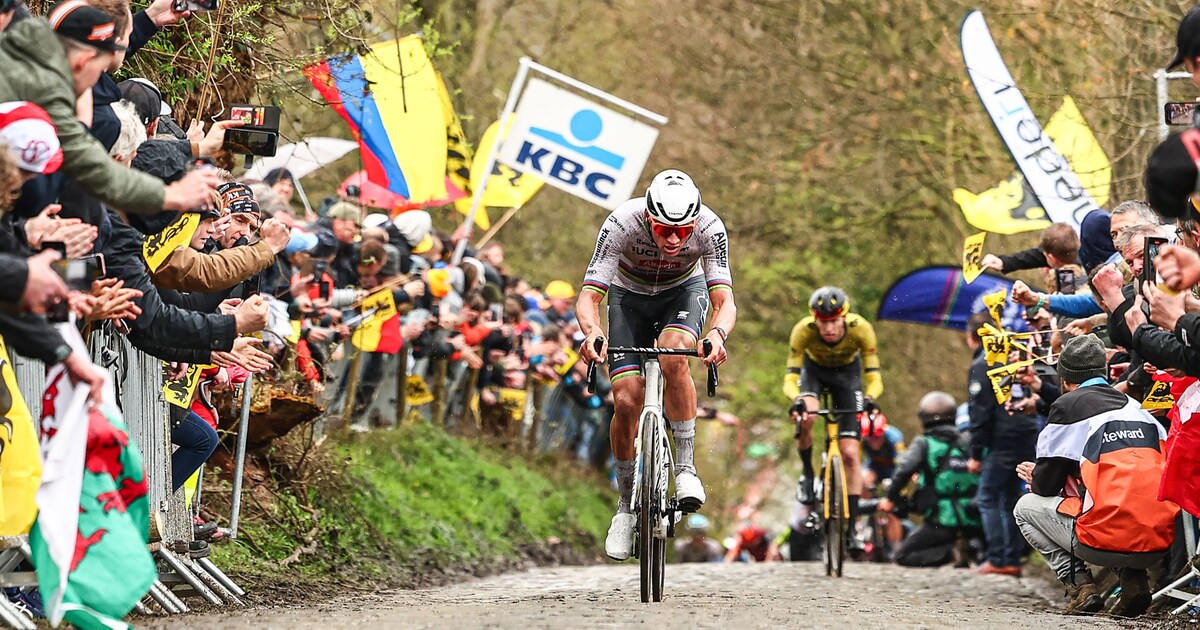 Op de spekgladde, steile Koppenberg maakt crosser Van der Poel het ...